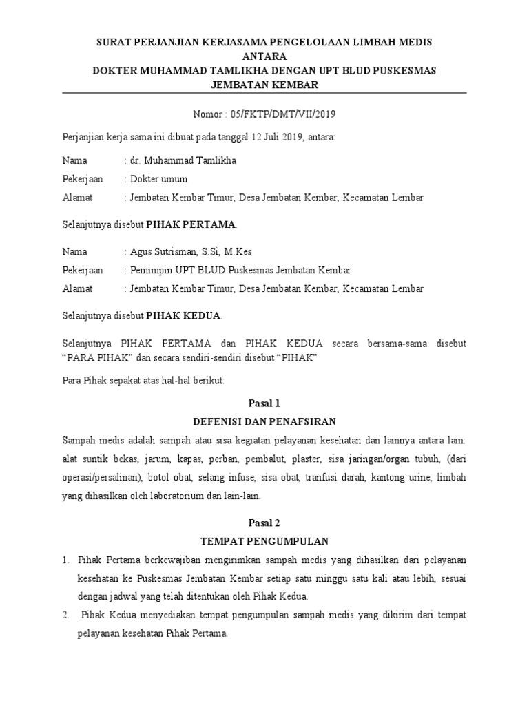 Perjanjian Kerjasama Antara Dokter Dan Limbah Medis Pdf