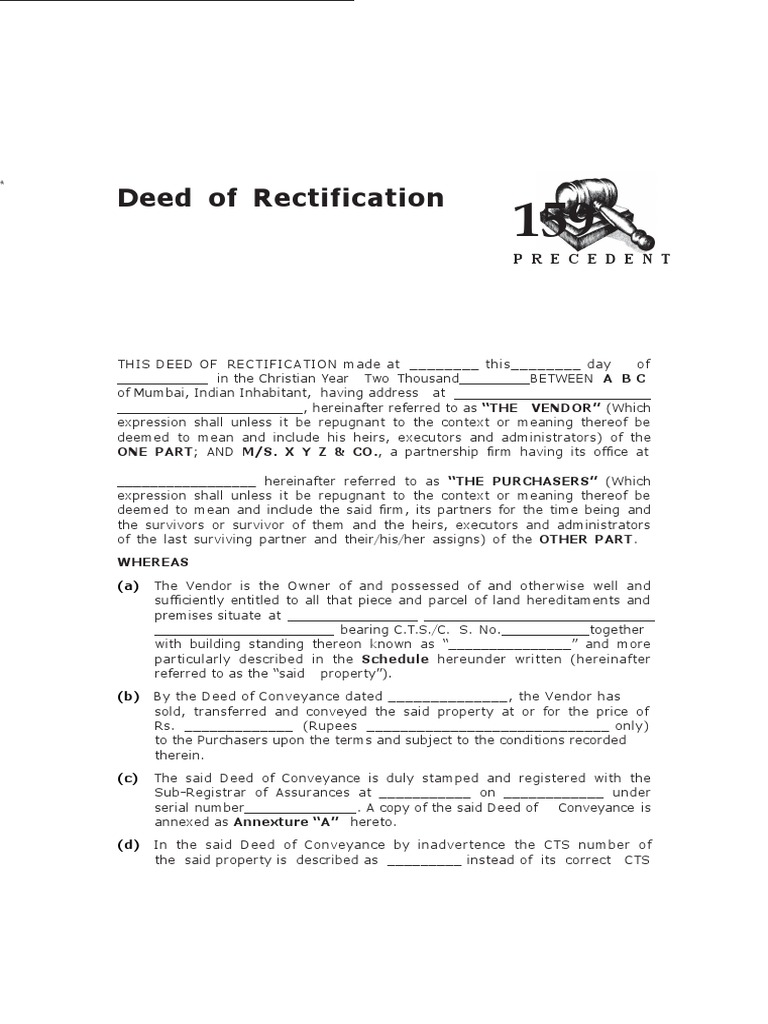 Deed of Rectification: P R E C E D E N T | PDF | Conveyancing | Deed
