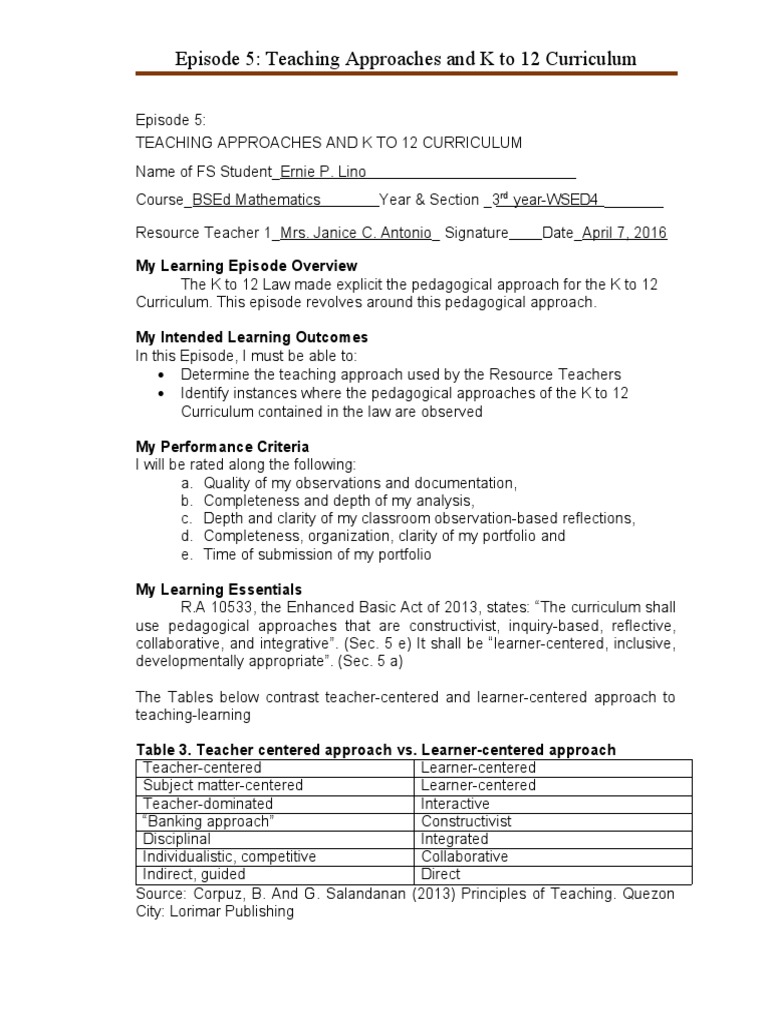 K to 12 Curriculum Teaching Approaches | PDF | Educational Psychology ...
