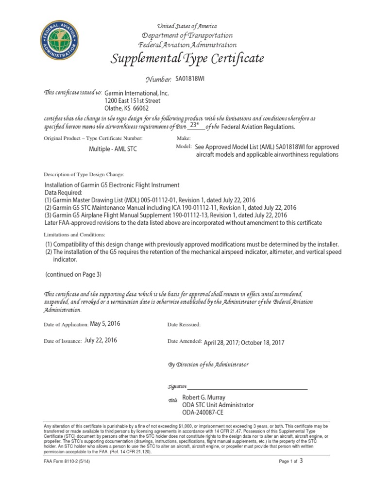 Supplemental Type Certificate: Department of Transportation Federal ...
