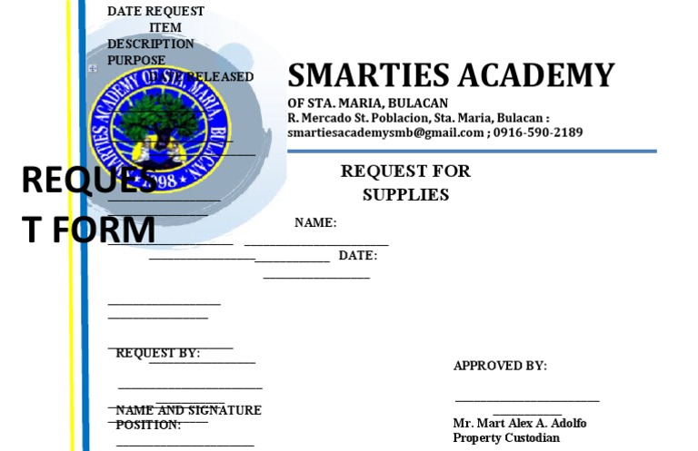 Smarties Academy - Request Form Supplies | PDF