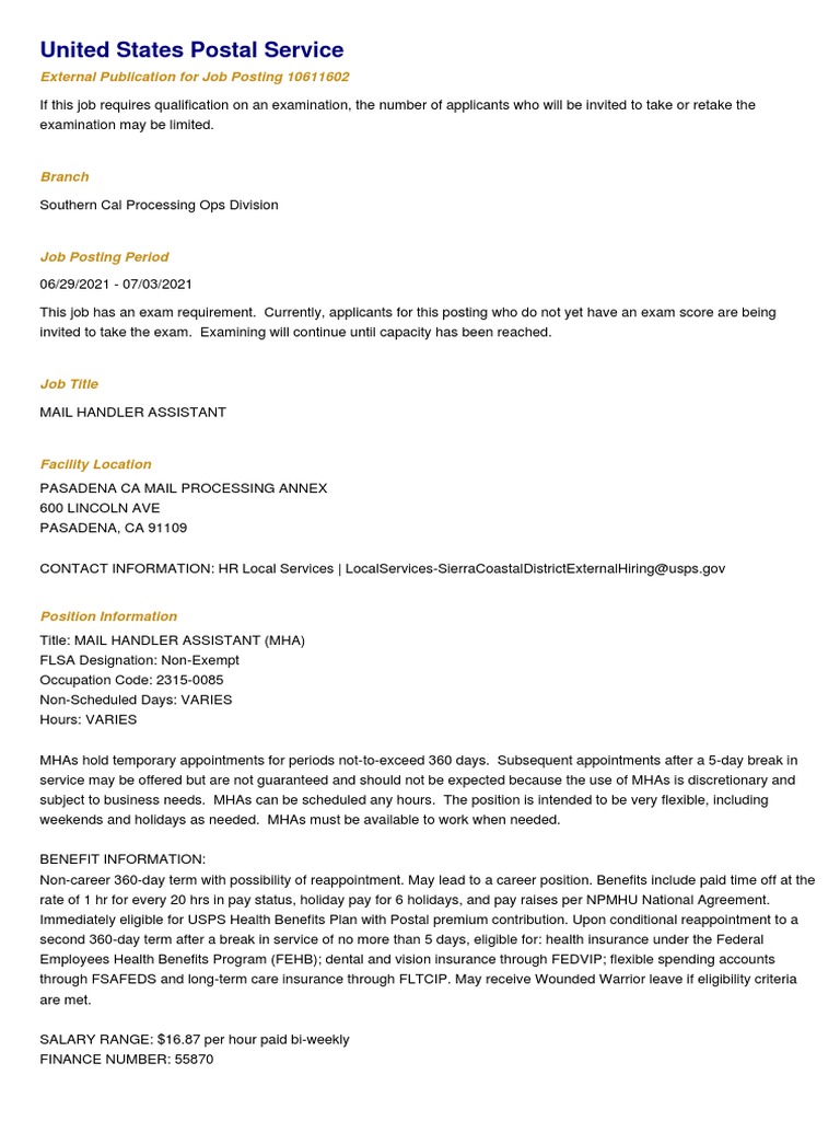 United States Postal Service: External Publication For Job Posting ...