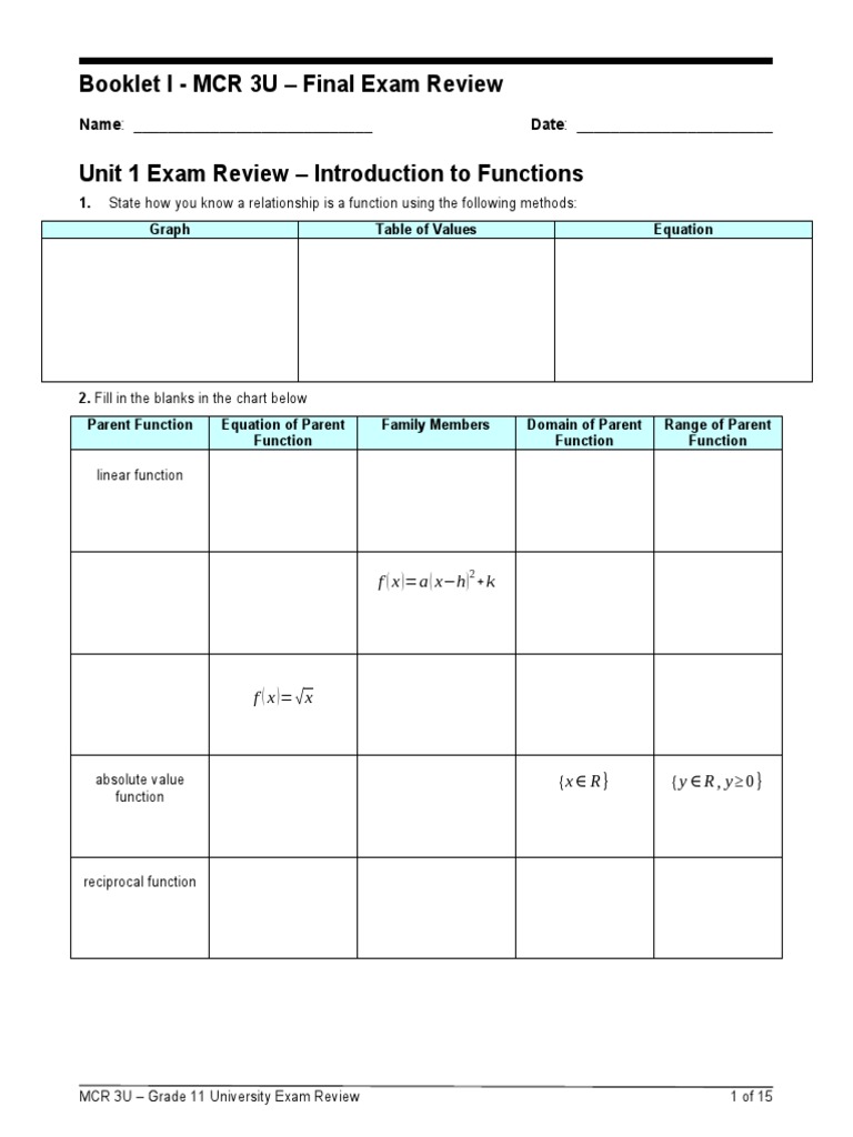 MCR3U - Review Booklet 1 (Exam Review) | PDF | Quadratic Equation ...