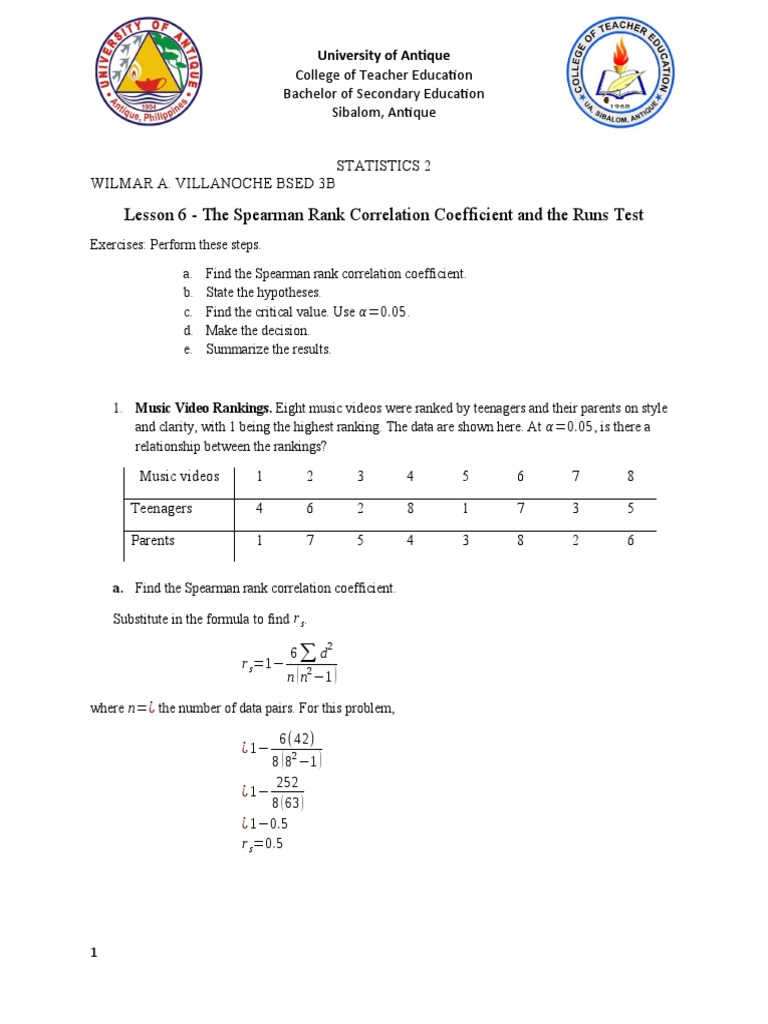 WILMAR VILLANOCHE BSED 3B Assignment SPEARMAN RANK | PDF | Spearman's Rank Correlation ...