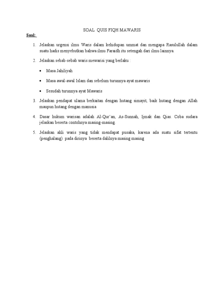 Soal Quis Fiqh Mawaris | PDF