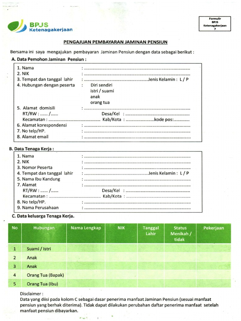 Formulir Pengajuan Pembayaran Jaminan Pensiun BPJS Ketenagakerjaan | PDF