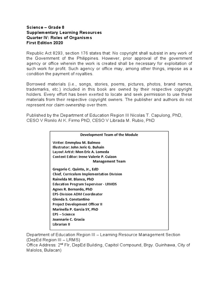 Science - Grade 8 Supplementary Learning Resources Quarter IV: Roles of ...