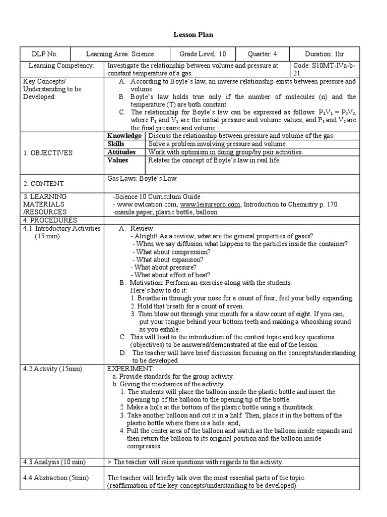 Lesson Plan: Knowledge Discuss The Relationship Between Pressure and ...