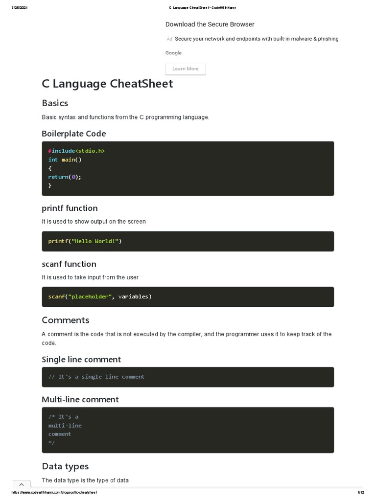 C Language CheatSheet | PDF | Control Flow | C (Programming Language)