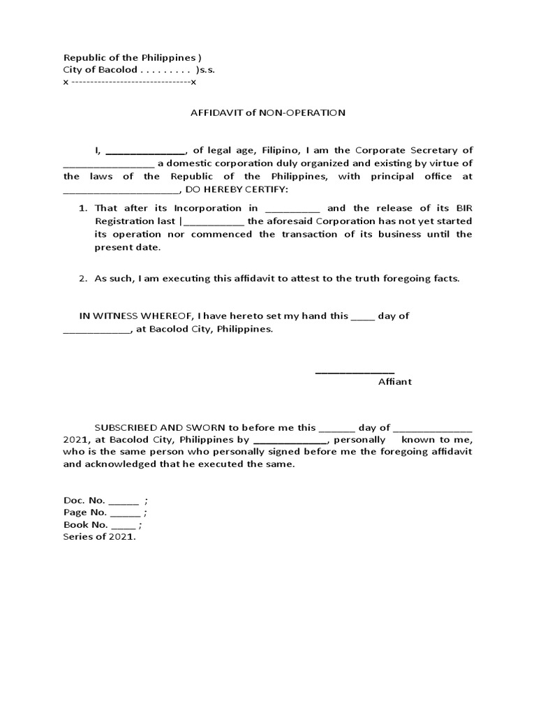 Affidavit of Non-Operation for Corporation | PDF
