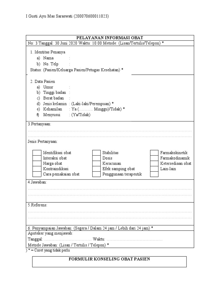 I Gusti Ayu Mas Saraswati - 200070600011023 - Form PIO Dan Konseling | PDF