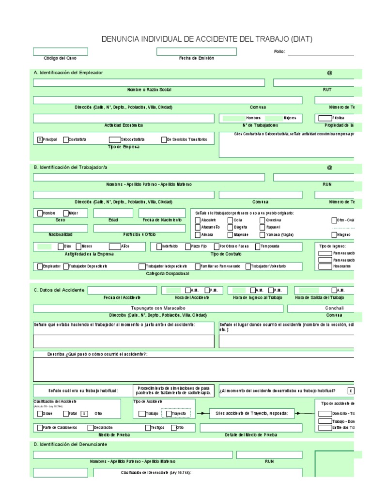 Formulario DIAT: Denuncia de Accidente Laboral | PDF | Salud y bienestar | Medicina