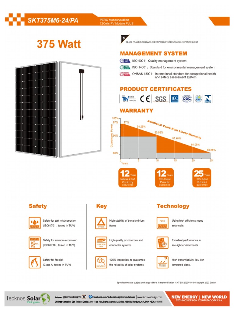Ficha Tecnica Solar Panel 375w Tecknos Ssolar PDF | PDF