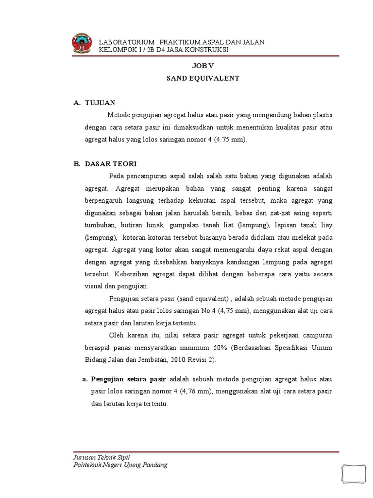 Job Vi Sand Equivalent KLP1 | PDF