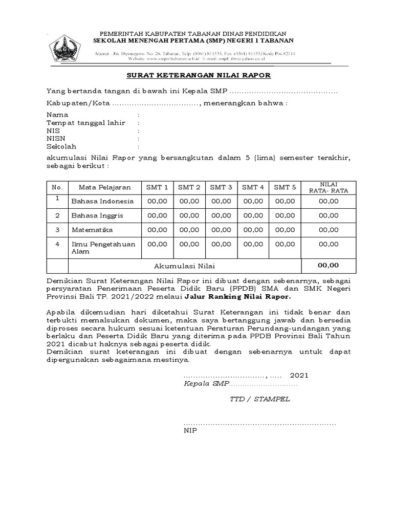 Surat Keterangan Nilai Rapor | PDF