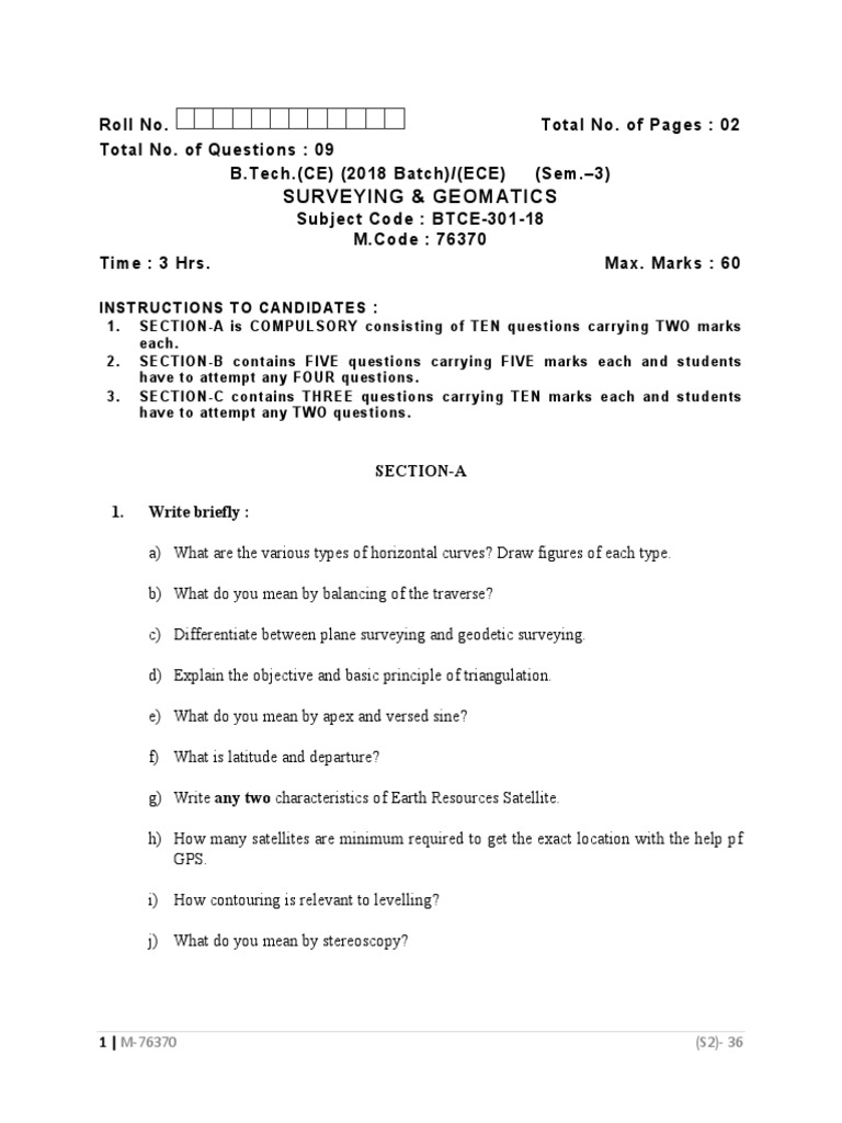 Questions For Ptu Examination | PDF | Surveying | Geodesy