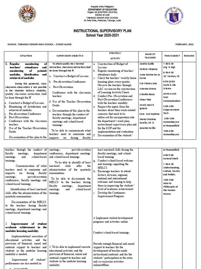 February Instructional Supervisory Plan 2020-21 | PDF | Schools | Teachers
