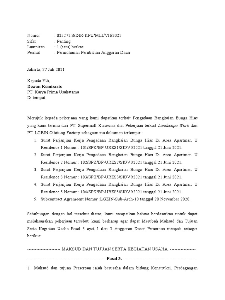 Permohonan Perubahan Anggaran Dasar KBLI 2021 | PDF