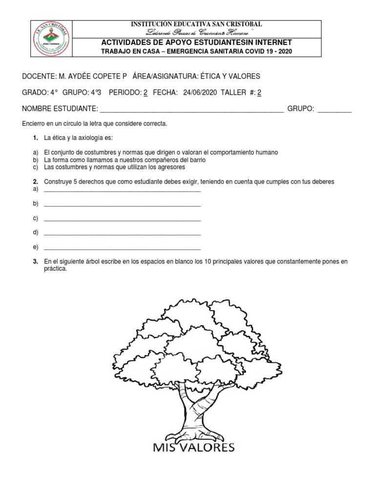 Actividad de Apoyo Etica y Valores 2020 Segundo Periodo - Grado 4 | PDF