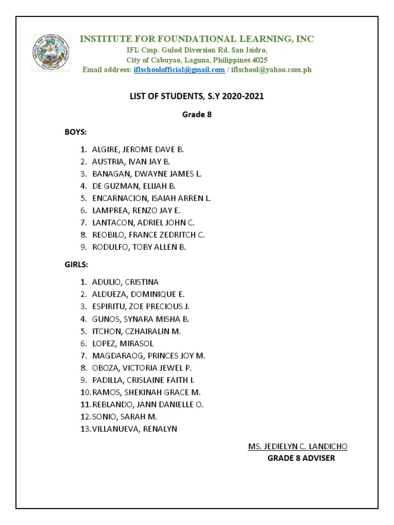 Grade 8 List of Students 2020-2021 | PDF