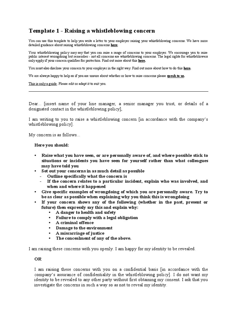 Template Email 1 Raising A Whistleblowing Concern | PDF | Whistleblower ...