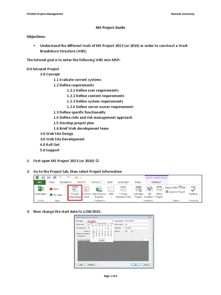 MS Project Guide Objectives:: FIT2002 Project Management Monash ...