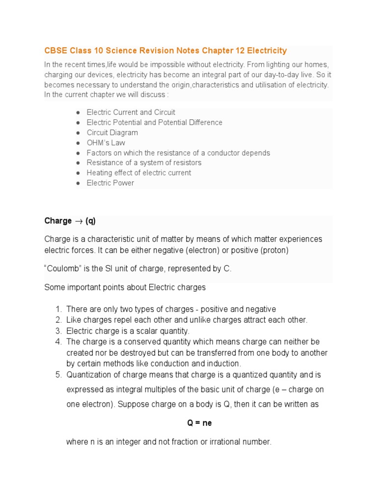 CBSE Class 10 Electricity Revision Notes | PDF | Electric Charge ...
