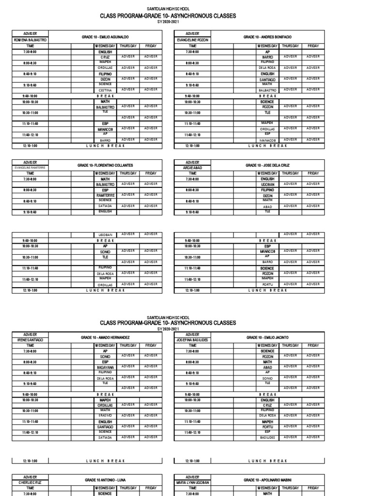 Class Program-Grade 10-Asynchronous Classes: Mapeh Filipino | PDF ...