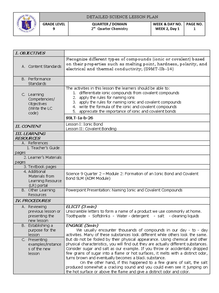Ionic and Covalent Bonding Lesson Plan | PDF | Chemical Compounds ...