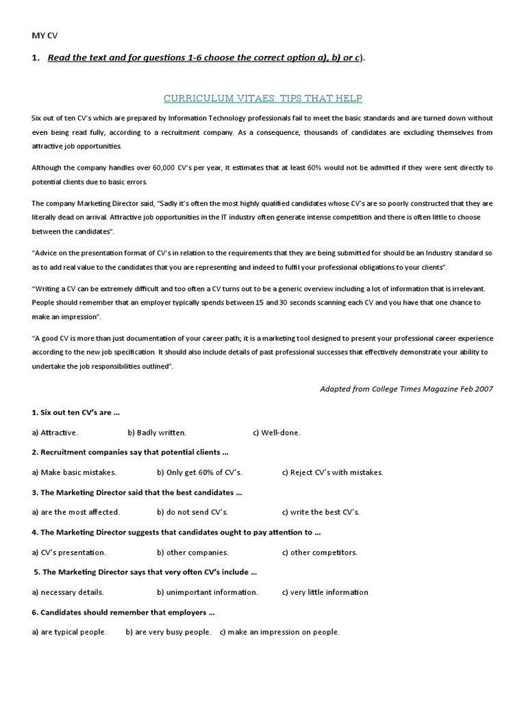 Curriculum Vitaes: Tips That Help: 1. Read The Text and For Questions 1 ...