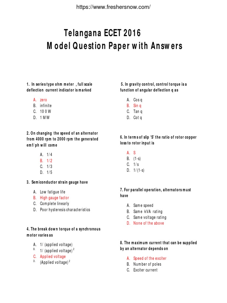 Telangana ECET 2016 Model Question Paper With Answers: A. Zero B. Sin Q ...