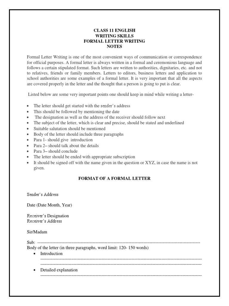 Class 11 English Writing Skills Formal Letter Writing Notes | PDF ...