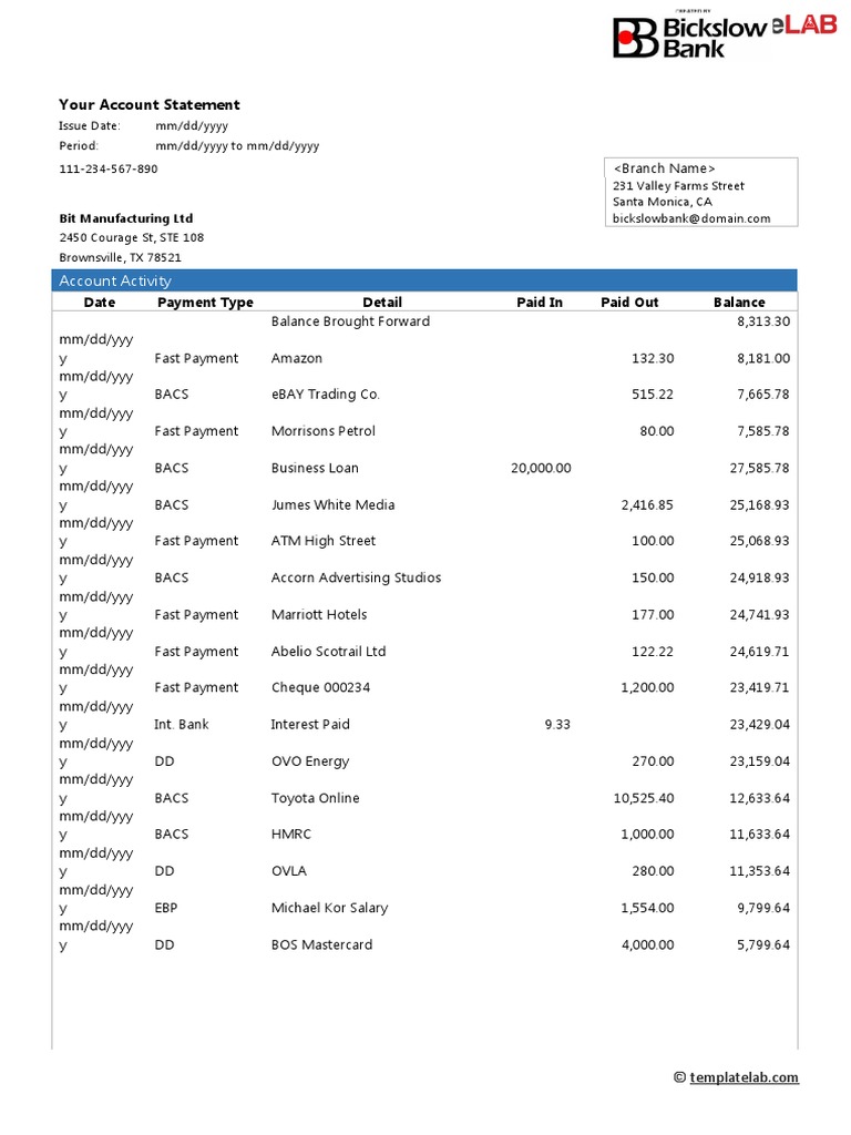 Sample Business Bank Statement Template | PDF