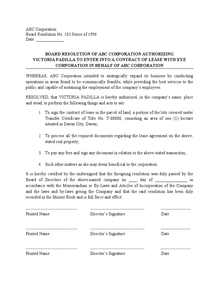 Board Resolution for Lease Authorization | PDF