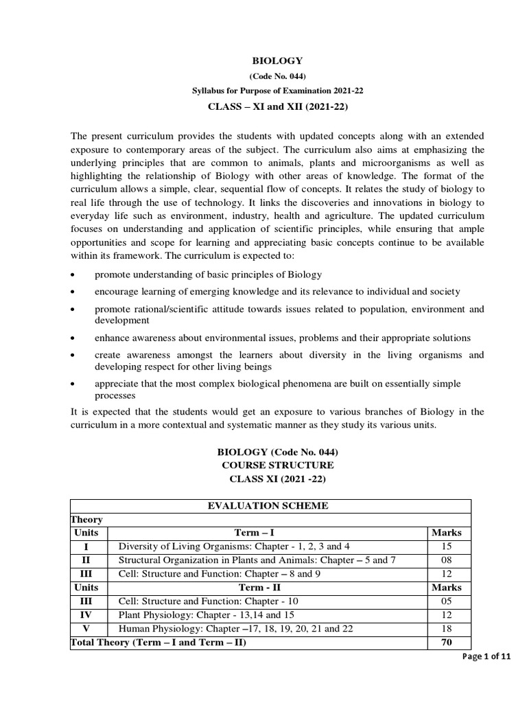 Biology: (Code No. 044) Syllabus For Purpose of Examination 2021-22 ...