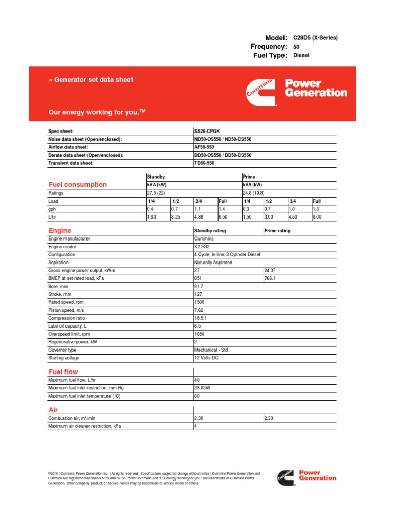 Generator Set Data Sheet: Fuel Consumption | PDF | Engines | Energy ...