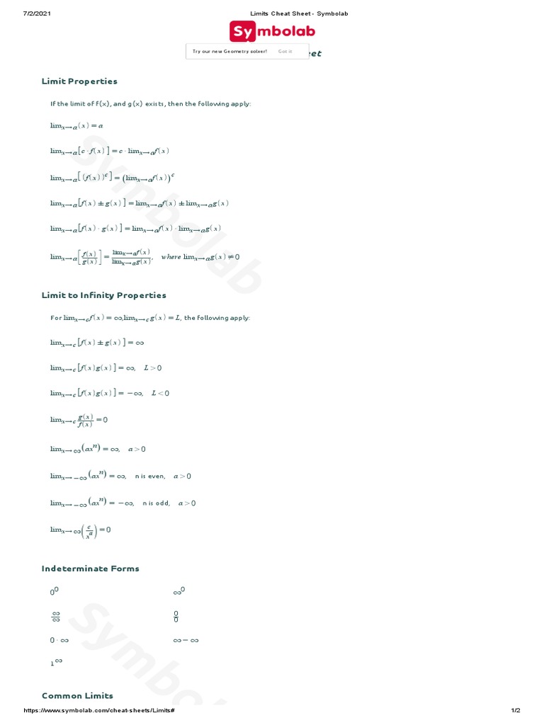 PRINT3 - Limits Cheat Sheet - Symbolab | PDF | Mathematical Structures | Calculus