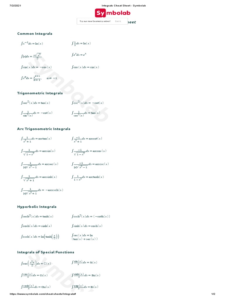 PRINT5 - Integrals Cheat Sheet - Symbolab | PDF | Real Analysis ...
