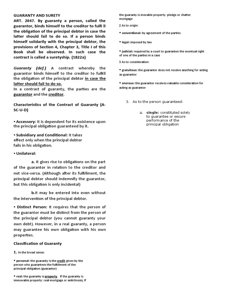 Characteristics and Classifications of Guaranty and Suretyship ...
