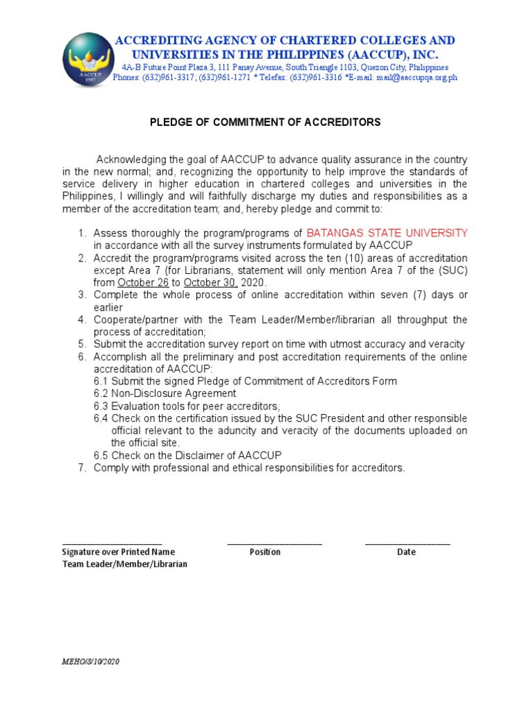 Pledge of Commitment for AACCUP Accreditors | PDF