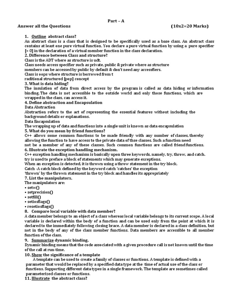 Part - A Answer All The Questions (10x2 20 Marks) | PDF | Class (Computer Programming) | Subroutine