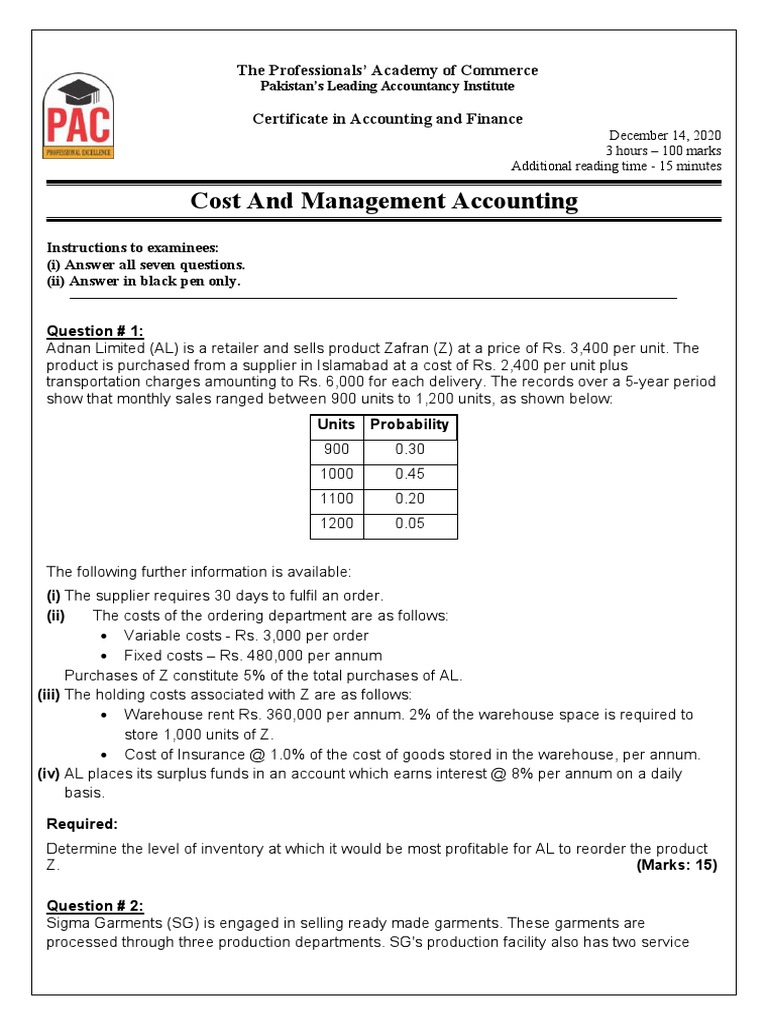 CMAC Section A, B Mid-Term Q.Paper | Download Free PDF | Cost Of Goods ...