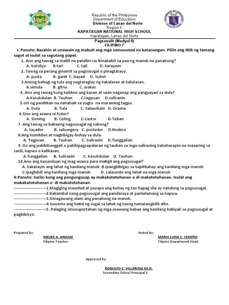 Filipino 7 Module 8 1st Quarter Assessment | PDF