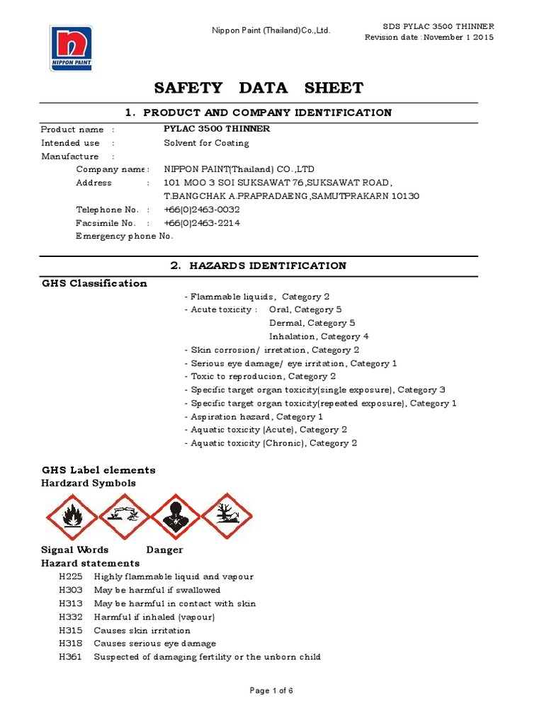 Nippon Paint PYLAC 3500 Thinner SDS | PDF | Toxicity | Occupational ...