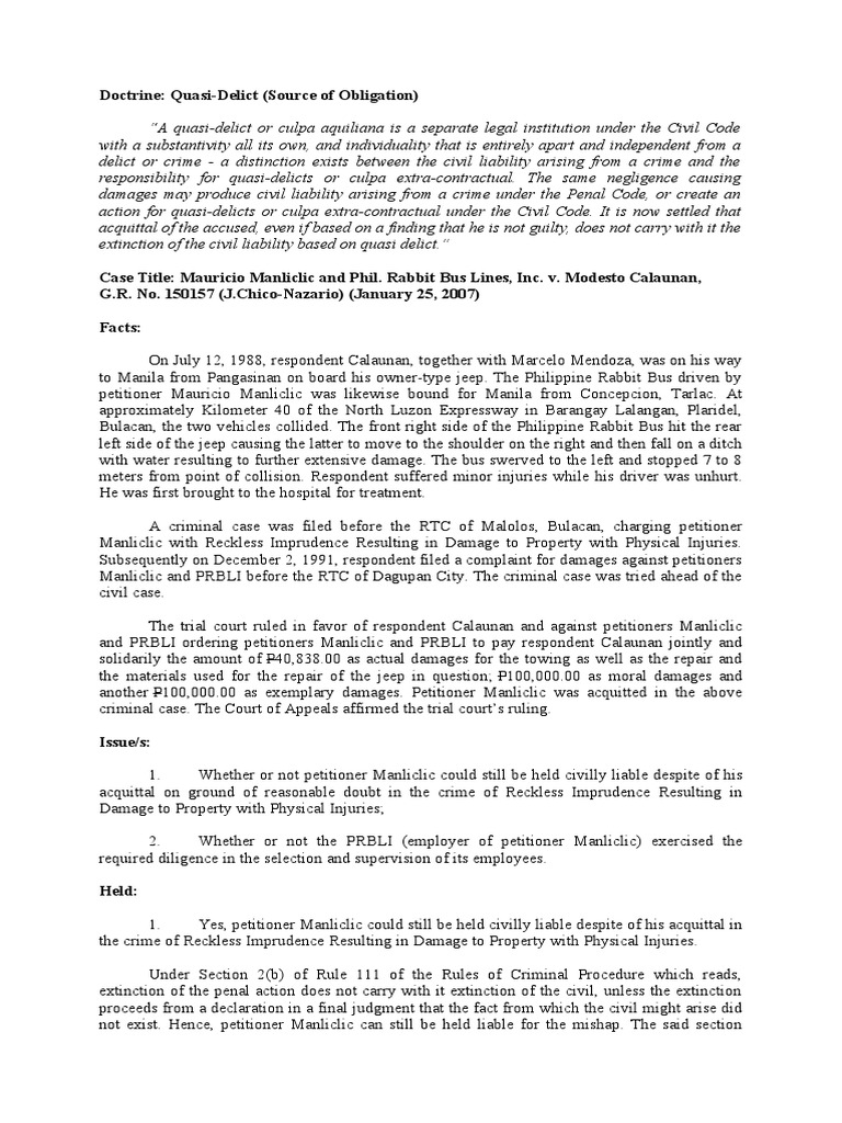 Manliclic vs Calaunan: Quasi-Delict Case | PDF | Acquittal | Negligence