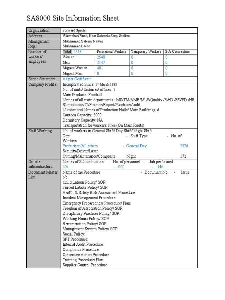 SA8000 Company Info Sheet | PDF | Occupational Safety And Health | Audit
