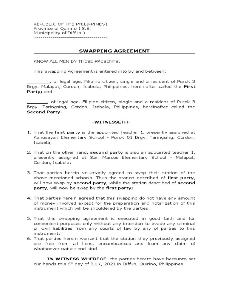 Swapping Agreement - Deped Teachers | PDF | Justice | Crime & Violence