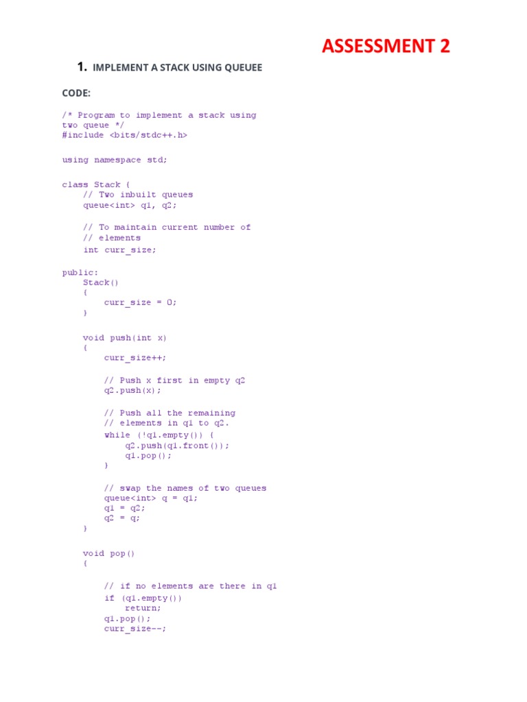Assessment 2 Implement A Stack Using Queuee Code Pdf Pointer Computer Programming Queue