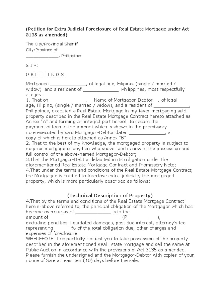 Petition-EXTRA-JUDICIAL FORECLOSURE | PDF