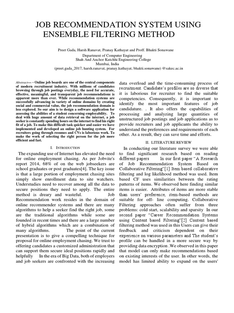 Job Recommendation System Using Ensemble Filtering Method | PDF ...
